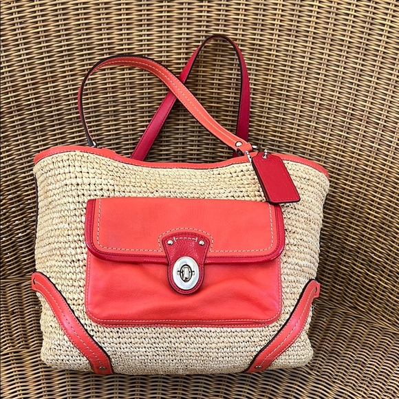 Bags | Coach Straw Leather Orange Colorblock Shopper Tote | Poshmark